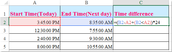 How to calculate hours between times after midnight in Excel?