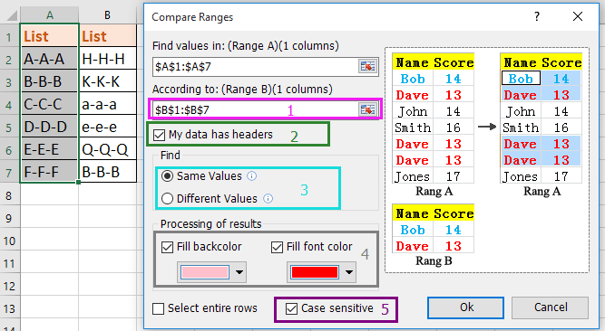 How to easily compare cells by case sensitive or insensitive in Excel?