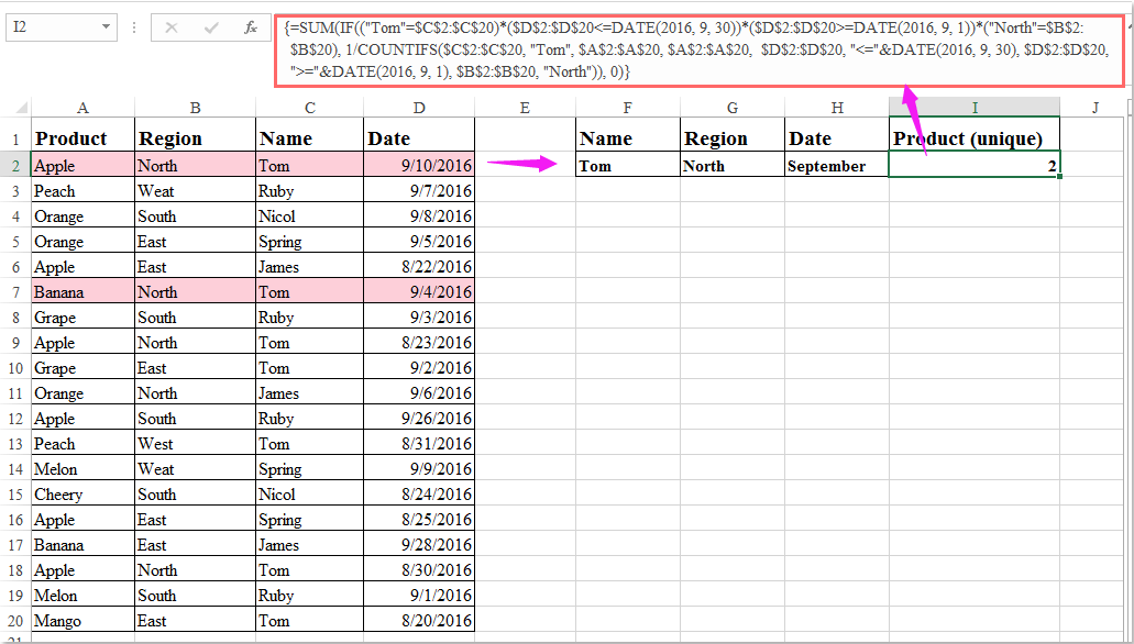 How to count unique values based on multiple criteria in Excel?