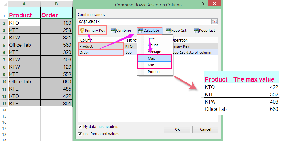 How to find the max or min value based on criteria in Excel?