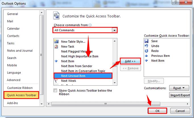 How to view next unread message in Outlook?