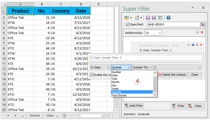 Quickly filter data based on cell value with multiple criteria in Excel