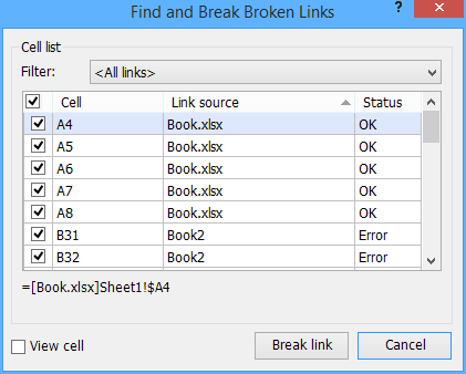 Quickly find and break broken links (external references) in Excel